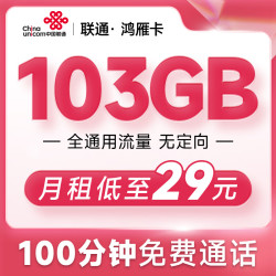 中国联通运营商_China unicom 中国联通 鸿雁卡 29元103G全通用流量+100分钟通话多少钱-什么值得买