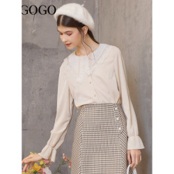 拉谷谷女上装_La·go·go 拉谷谷 lagogo Lagogo拉谷谷冬季新款蕾丝娃娃领米色雪纺衫长款上衣女甜美JCCC439B24 米色(T2) 155/S/36多少钱-什么值得买