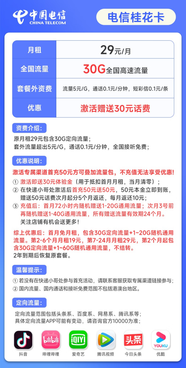 中国电信运营商_CHINA TELECOM 中国电信 桂花卡 29元月租 30G流量多少钱-什么值得买