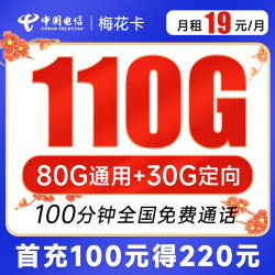 中国电信运营商_CHINA TELECOM 中国电信 梅花卡 19元月租（80G通用流量+30G定向流量+100分钟通话）激活送30话费多少钱-什么值得买