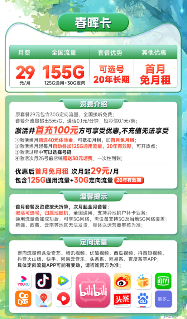 中国电信运营商_CHINA TELECOM 中国电信 春晖卡 29元月租（125G通用+30G定向）可选号 激活送60元话费多少钱-什么值得买