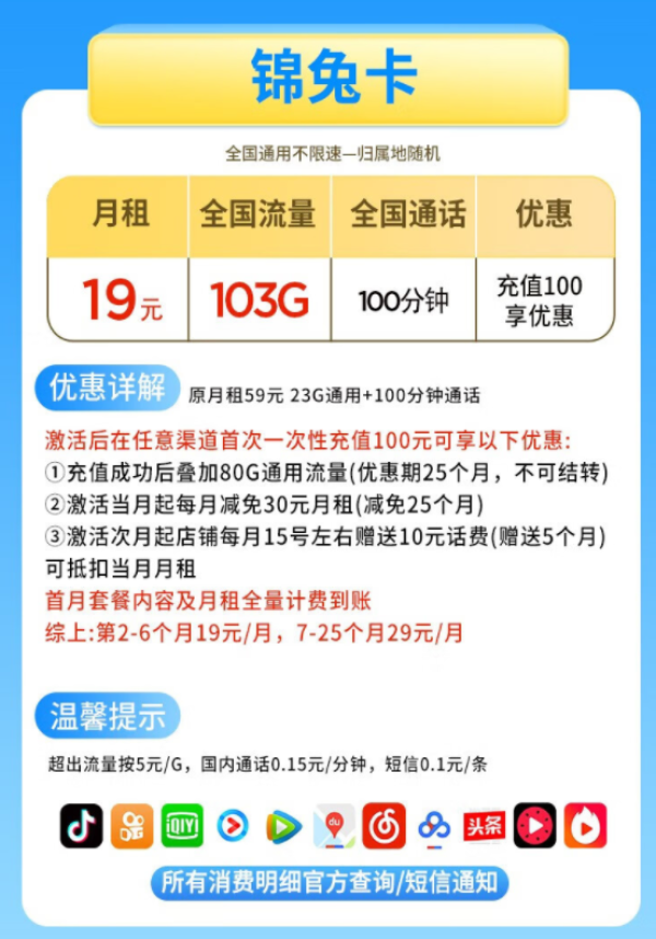 中国联通运营商_China unicom 中国联通 锦兔卡 19元月租（103G通用流量+100分钟通话）可开热点不限APP多少钱-什么值得买