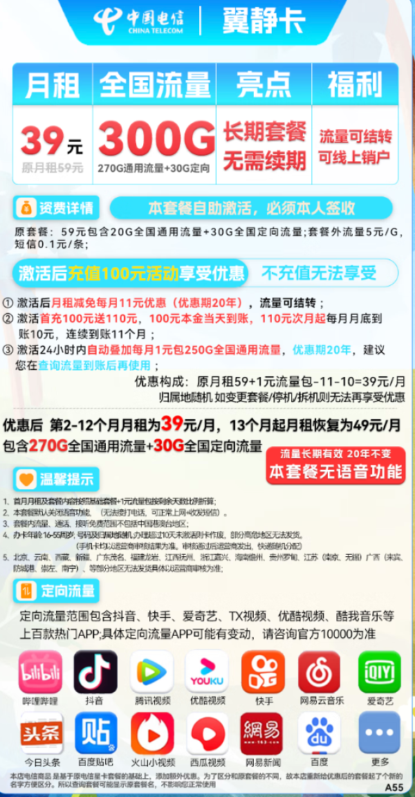 中国电信运营商_CHINA TELECOM 中国电信 翼静卡 39元月租（270G通用流量+30G定向流量） 流量可结转多少钱-什么值得买