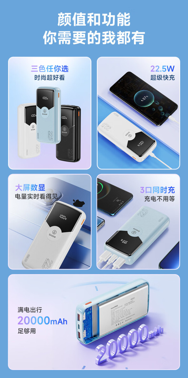 毕亚兹移动电源_Biaze 毕亚兹 充电宝20000毫安时22.5W超级快充20W苹果PD 兼容18W大容量移动电源15 YD17多少钱-什么值得买