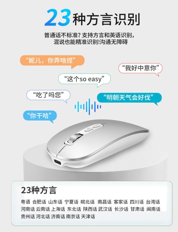 万鱼智能语音无线蓝牙鼠标 三模静音办公鼠标适用小米华为苹果惠普联想笔记本台式电脑便携可充电 黑色 M108石墨黑 | 声控打字 | 长续航 ...