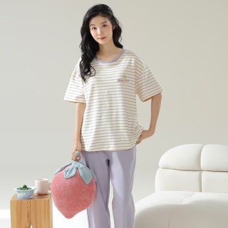 夏莉莎纯棉睡衣女夏季100%全棉短袖长裤柔软透气女式睡衣宽松家居服套装 CKE-W6418【纯棉舒适款】 女XXL身高168-178体重140 ...