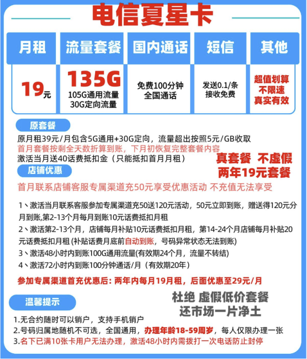 CHINA TELECOM 中国电信 夏星卡 2年19元月租（105G通用+30G定向+100分钟免费通话+黄金速率）送30元现金红包多少钱-什么值得买