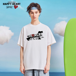 【省40元】查尔斯桃心男上装_CHARLES JANG'S HAPPY HEART 查尔斯桃心 短袖t恤男夏季纯棉宽松2024新款爱心趣味印花 ...