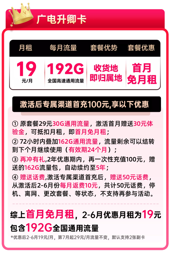 中国广电运营商_中国广电 多重福利19元192G（本省任选归属地+可选靓号+可办副卡+0元起用+视频会员+现金红包）多少钱-什么值得买