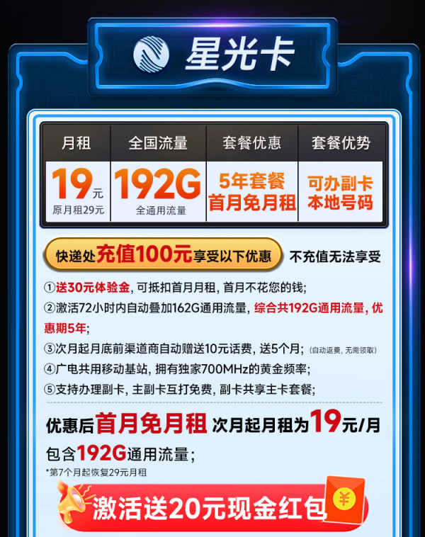 中国广电 自动返话费 19元月租（本地号码+可办副卡+192G通用流量++首月免费用）星光卡+畅享5G多少钱-什么值得买