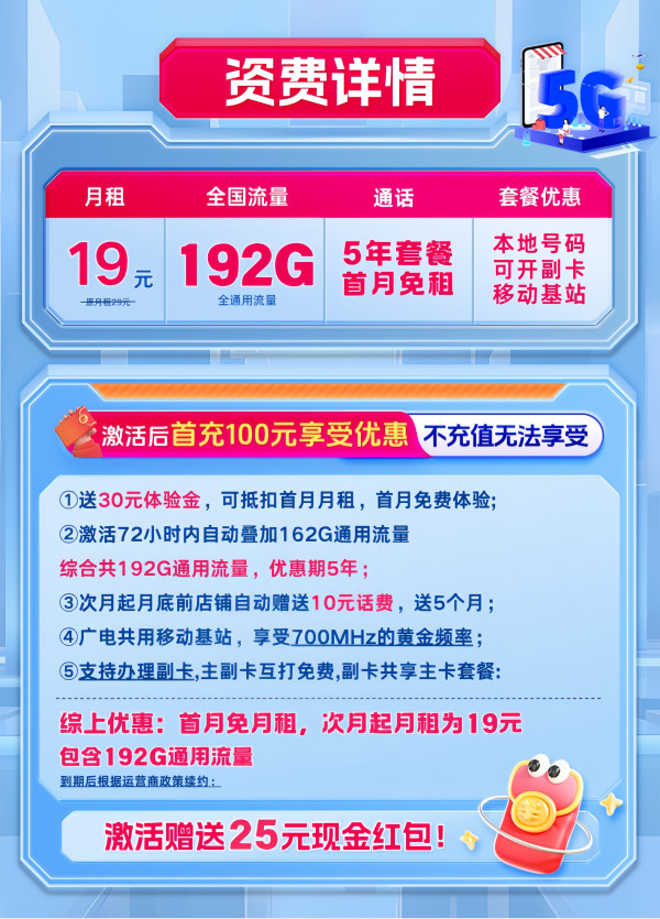 运营商_中国广电 19月租（本地号码＋192G全国流量＋可办副卡＋首月免租）激活领25元支付宝红包多少钱-什么值得买