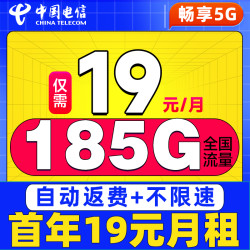 运营商_中国电信 自动返费 首年19元月租（185G全国流量+首月免租+5G信号）激活赠20E卡多少钱-什么值得买