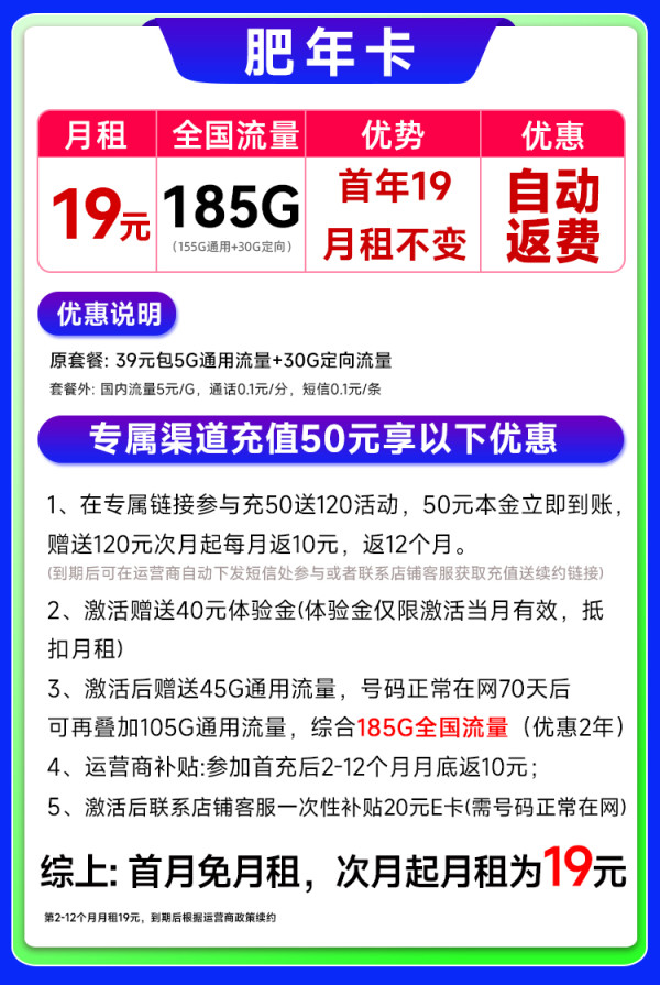 运营商_中国电信 自动返费 首年19元月租（185G全国流量+首月免租+5G信号）激活赠20E卡多少钱-什么值得买